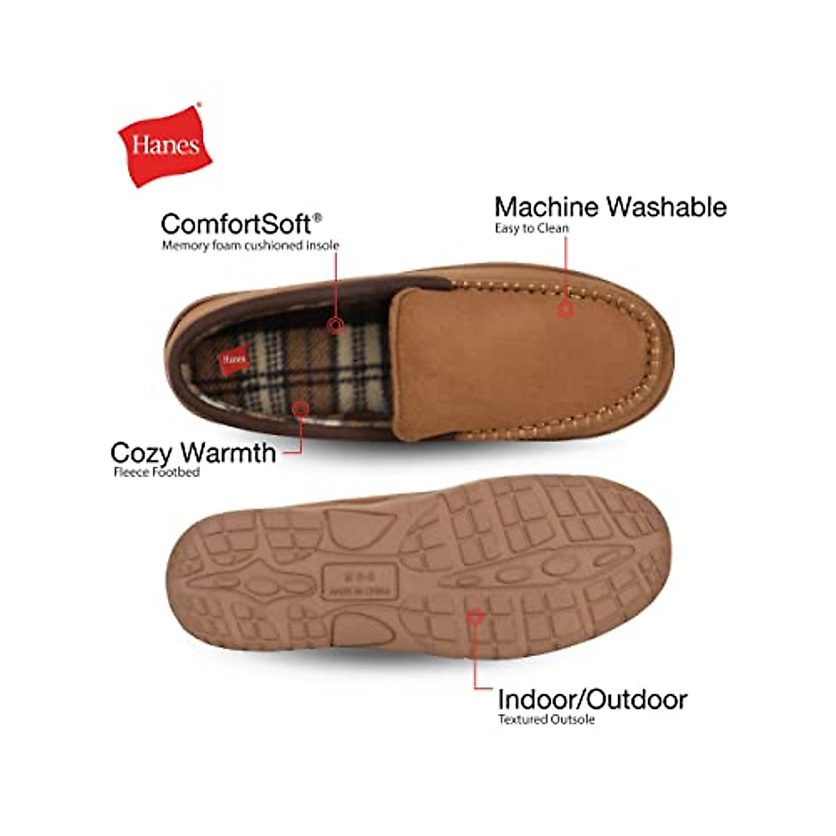 Hanes Mens Moccasin Slipper House Shoe With Indoor Outdoor Memory Foam Sole Fresh IQ Odor Protection , Tan , Medium