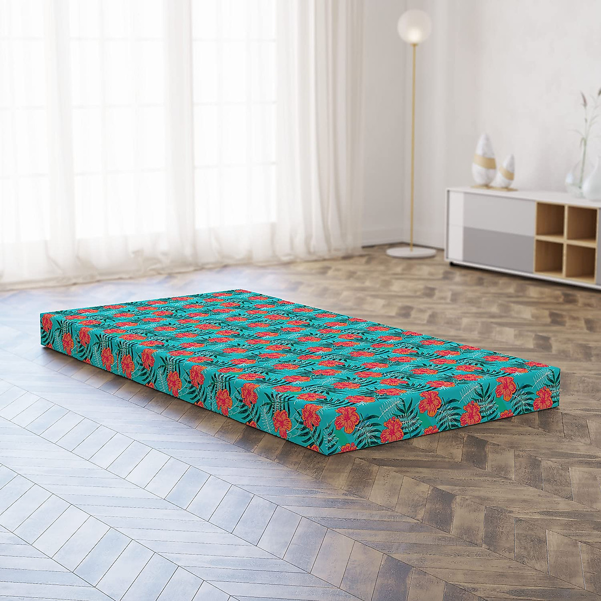 Ambesonne Exotic Foldable Mattress, Tropic Summer Hibiscus Flora, 74.8" x 39.4", Seafoam Coral