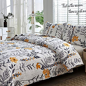 Bedspread Coverlet Set King Size Floral Quilts Set Bedding Lightweight Floral Quilt Collection Home Reversible Quilt Bedspread Sping Leaves Yellow Flower Quilt Bedding Garden Bedspread+2 Pillow Shams
