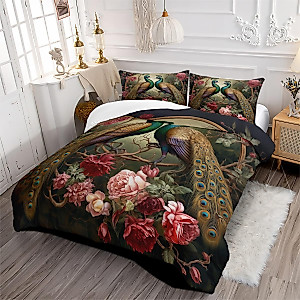 CCoutueChen Peacock Duvet Cover King Size Luxurious Bird Floral Bedding for Adult Women Peacock Feather Comforter Cover 3Pcs Soft Duvet Cover Set with Zipper Closure Corner Ties