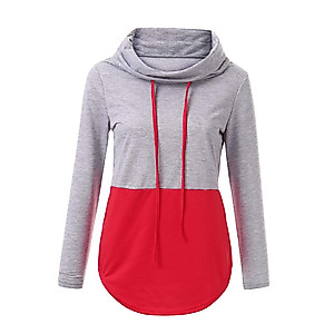 Women Cowl Neck Color Block Long Sleeve Tunic Sweatshirt Pullover Tops Turtleneck Patchwork Shirt Blouse Top Red