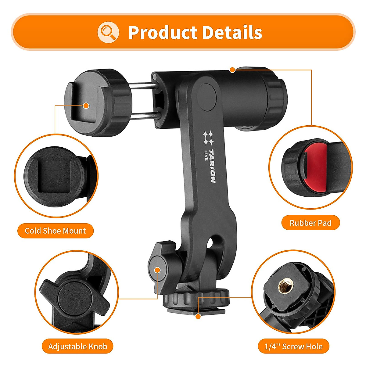 TARION Tripod Phone Mount Holder with 3 Cold Shoe Mount Cell Phone Mount Adapter for Tripod 360° Rotation Universal 1/4" Screw Smartphone Tripod Attachment Compatible with iPhone Samsung HVC-02