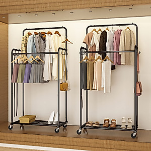 Simple Trending Double Rod Clothes Garment Rack, Heavy Duty Clothing Rolling Rack on Wheels for Hanging Clothes,with 4 Hooks, Black