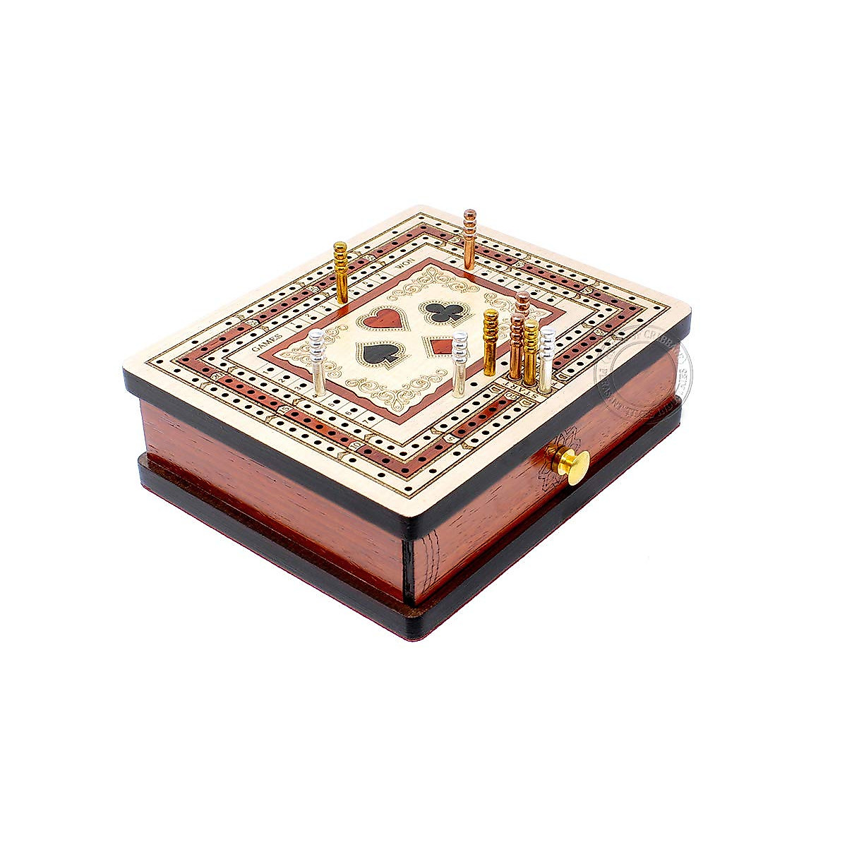 House of Cribbage - 3 Track - 60 Points Non-Continuous Travel Cribbage Board Inlaid in Maple Wood/Bloodwood - Size:6" x 5" - Storage Drawer for Cribbage Pegs & Playing Cards