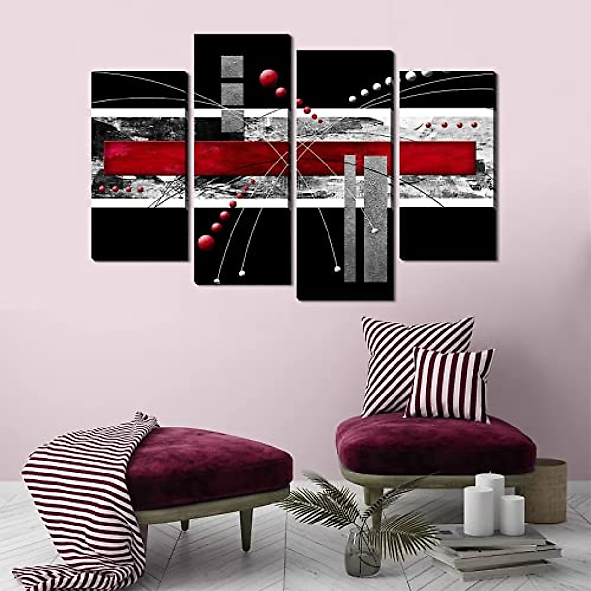 YPY Large Black Red Canvas Wall Art - 4 Panels Modern Abstract Picutre Set for Home Decoration - Contemporary Painting Artwork Ready to Hang Living Room Bedroom W48 x H36