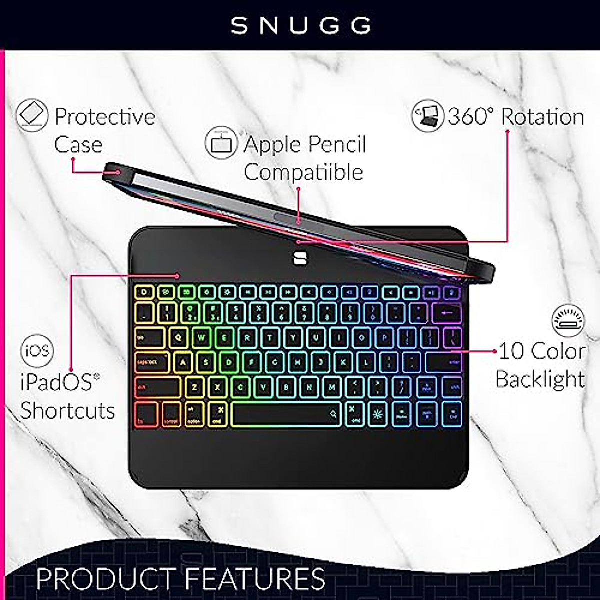Snugg iPad Pro 12.9 Case with Keyboard (2022 6th Gen/2021 5th Gen) - Bluetooth Backlit Magic Keyboard iPad Pro 12.9-360 Degree Rotatable Keyboard for Apple iPad 12.9 Pro Case with Keyboard - Black