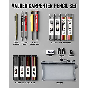 Nicpro 5 Pack Mechanical Carpenter Pencil Set with 76 Refills & Carbide Scribe Tool, Solid Deep Hole Carpenter Markers Woodworking Pencils with Built-in Sharpener for Construction Architect -With Case