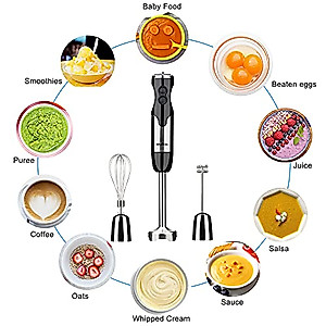 Keylitos 5-in-1 Immersion Hand Blender, Powerful 12-Speed Handheld Stick Blender with 304 Stainless Steel Blades, Chopper, Beaker, Whisk and Milk Frother for Smoothie, Baby Food, Sauces Red,Puree, Soup (Black)