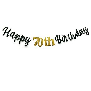 Glitter Happy 70th Birthday Banner - 70 Birthday Sign Banner - Cheers to 70 Years Birthday Party Bunting Decorations Black Pre-Assembled (Black)