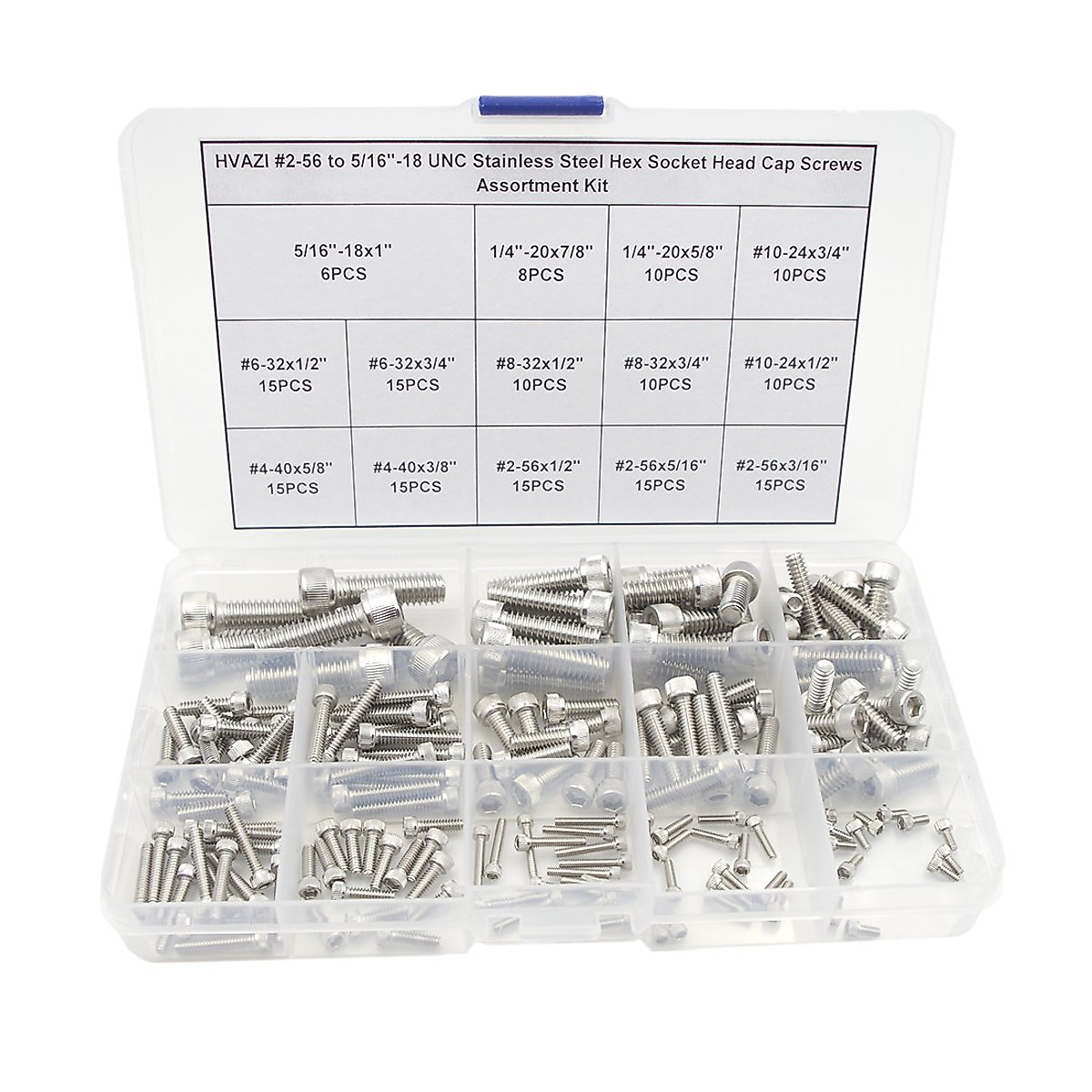 HVAZI #2-56 to 5/16"-18 UNC Stainless Steel Hex Socket Head Cap Screws/Bolts Assortment Kit