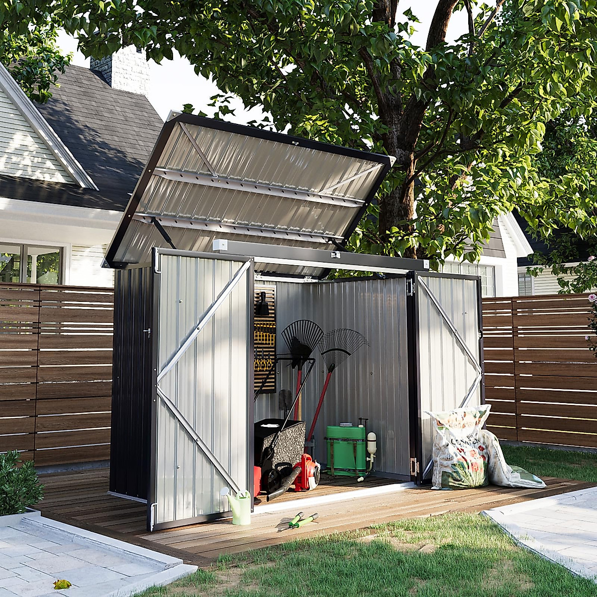 Aoxun 3.3' x 5.6' Metal Storage Shed - Waterproof Outdoor Garbage Can Organizer with Chain Lid, Ideal for Trash Bins, Toys, Garden Tools - Perfect for Garden, Backyard, & Patio Use