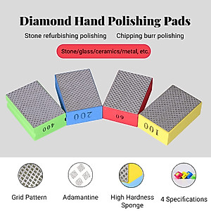 4Pcs Diamond Hand Polishing Pads, 60 120 200 400 Grit Diamond Sanding Blocks, Reusable Foam Sanding Blocks, for Tile Stone Trimming Deburring Marble Concrete Granite Ceramics Glass Wet Dry