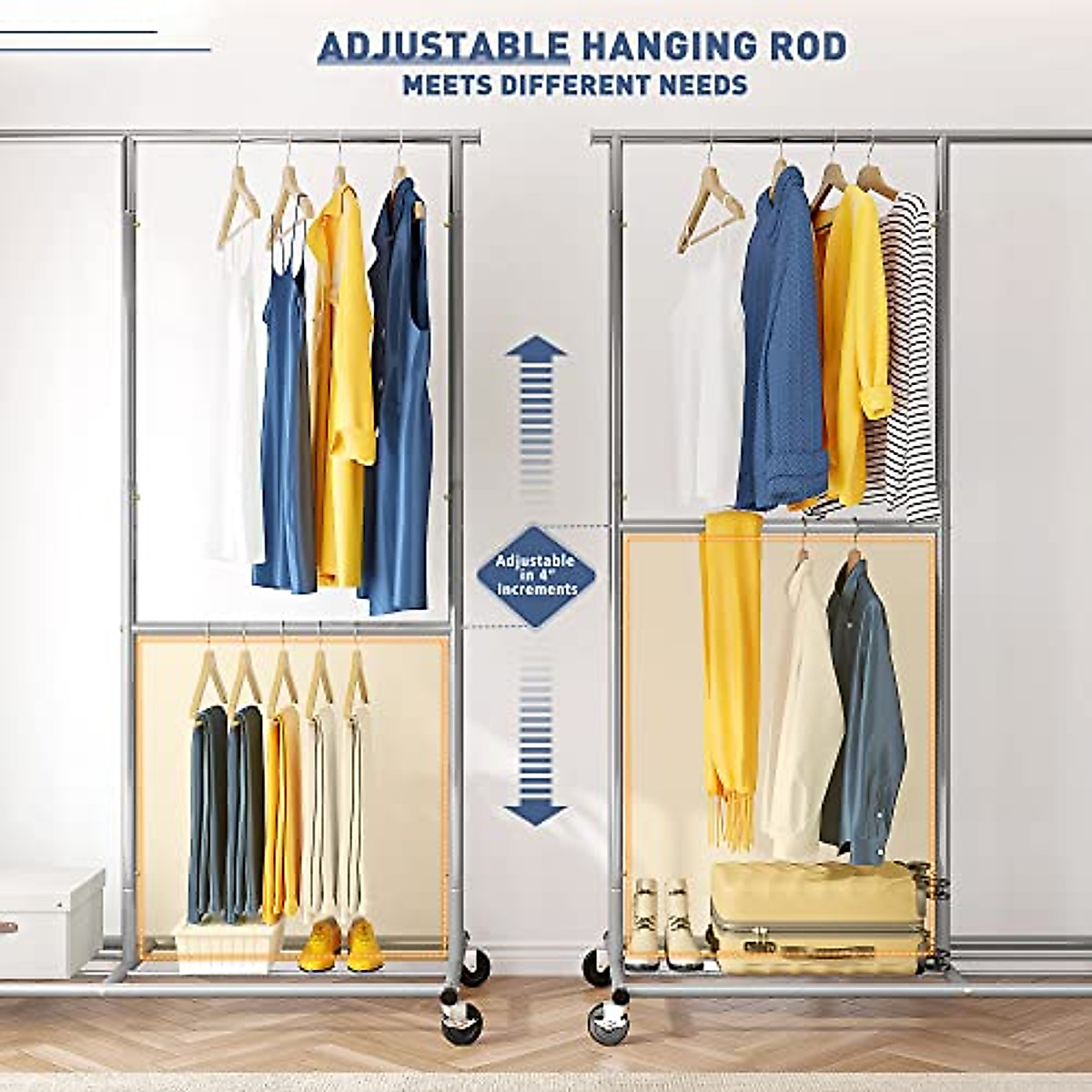 Raybee Clothes Rack Heavy Duty 405LBS Clothing Racks for Hanging Clothes 200+ Rolling Clothes Rack with Wheels Garment Rack Heavy Duty Clothing Rack with Shelves Portable Clothes Rack,Metal,Silver