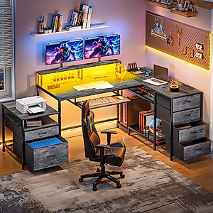 YITAHOME L Shaped Desk with Drawers, 71" L Shaped Computer Desk with Power Outlet & LED Lights, Corner Office Desk with Storage Shelves & Printer Stand, Gaming Desk with Monitor Shelf, Grey