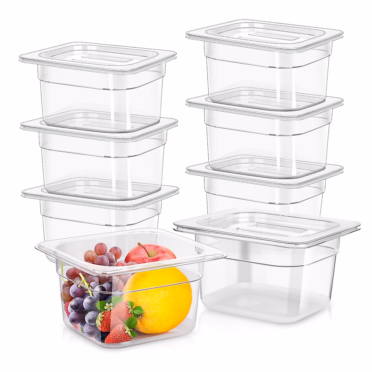 KesaPlan 8 Pack Clear Polycarbonate Food Pans, 1/6 Size 4 Inch Deep Commercial Food Storage Containers, restaurant salad bar containers with lids for Kitchen Restaurant Food Prep