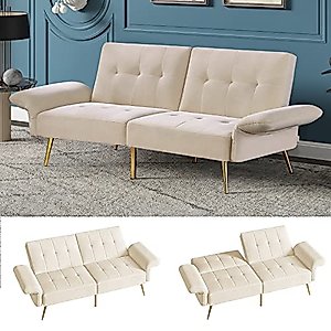 GEEVIVO 78” Velvet Futon Sofa Bed w/Adjustable Armrests,Convertible Futon Couch with Side Bags,Modern Sleeper Loveseat Sofa for Living Room,Bedroom