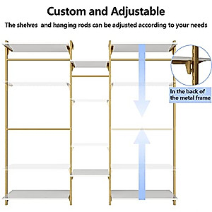 Auromie Gold Wall Mount Clothes Rack with 4 Hanging Rods, Clothing Rack with 6-Tier Adjustable Shelves, Closet Storage Organizer System Kit, Heavy Duty Garment Rack with Metal (80.43" L*78.62" H)