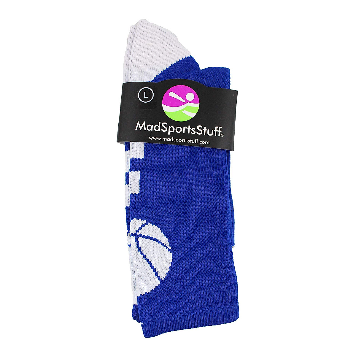 MadSportsStuff Basketball Socks with Basketball Logo Crew Socks (Royal/White, Small)
