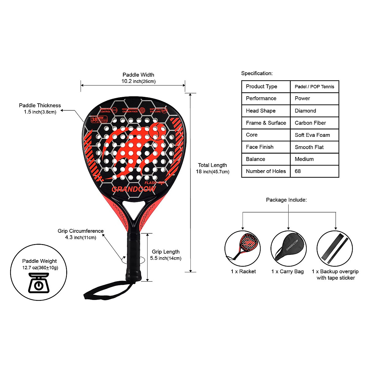GRANDCOW Padel Racket Padel Racquet Carbon Fiber Surface with EVA Memory Flex Foam Core Diamond Shape POP Tennis Paddle Rackets (Strong Red)