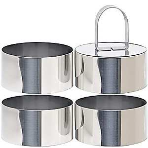 HULISEN Round Cake Ring Mold, Stainless Steel 3 inch Dessert Mousse Molds with Pusher & Lifter Cooking Rings, Tuna Tartare Mold (Include 4 Rings and 1 Pusher)