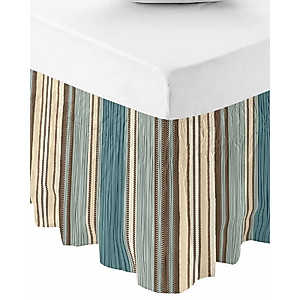 Teal Blue Green Striped Boho Bed Skirt Queen Size 18 Inch Drop,Adjustable & Elastic Wrap Around Bed Skirts Luxury Ruffles for Twin Full Queen Cal King Bed,Antique Southwestern Native Pattern Tribal