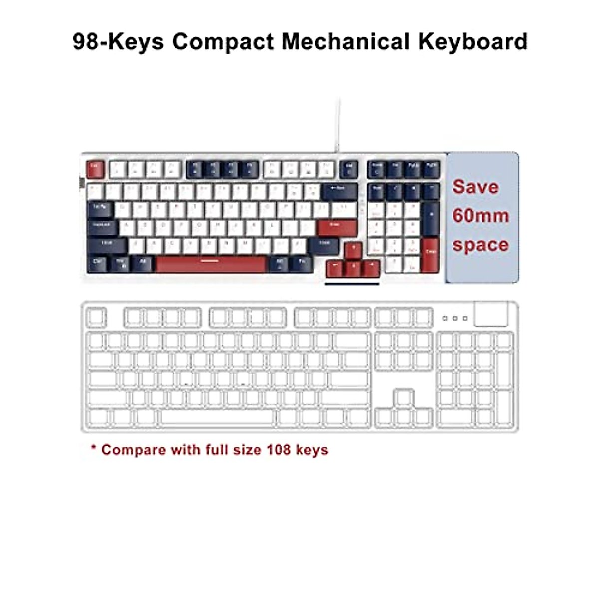 Compact 80% Mechanical Gaming Keyboard, Hot-Swappable Mechanical Keyboard with Number Pad and Red Switches, Blue LED Backlit Keyboard 98 Keys for Windows PC Mac, Blue White