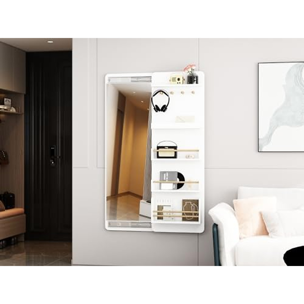 ECACAD 2 in 1 Full Length Mirror Wall Mounted with Shelves, Full Body Dressing Mirror, Versatile Coat Rack with Sliding Mirror for Entryway, Bedroom, White (15.7"-30.5" x 47.2")