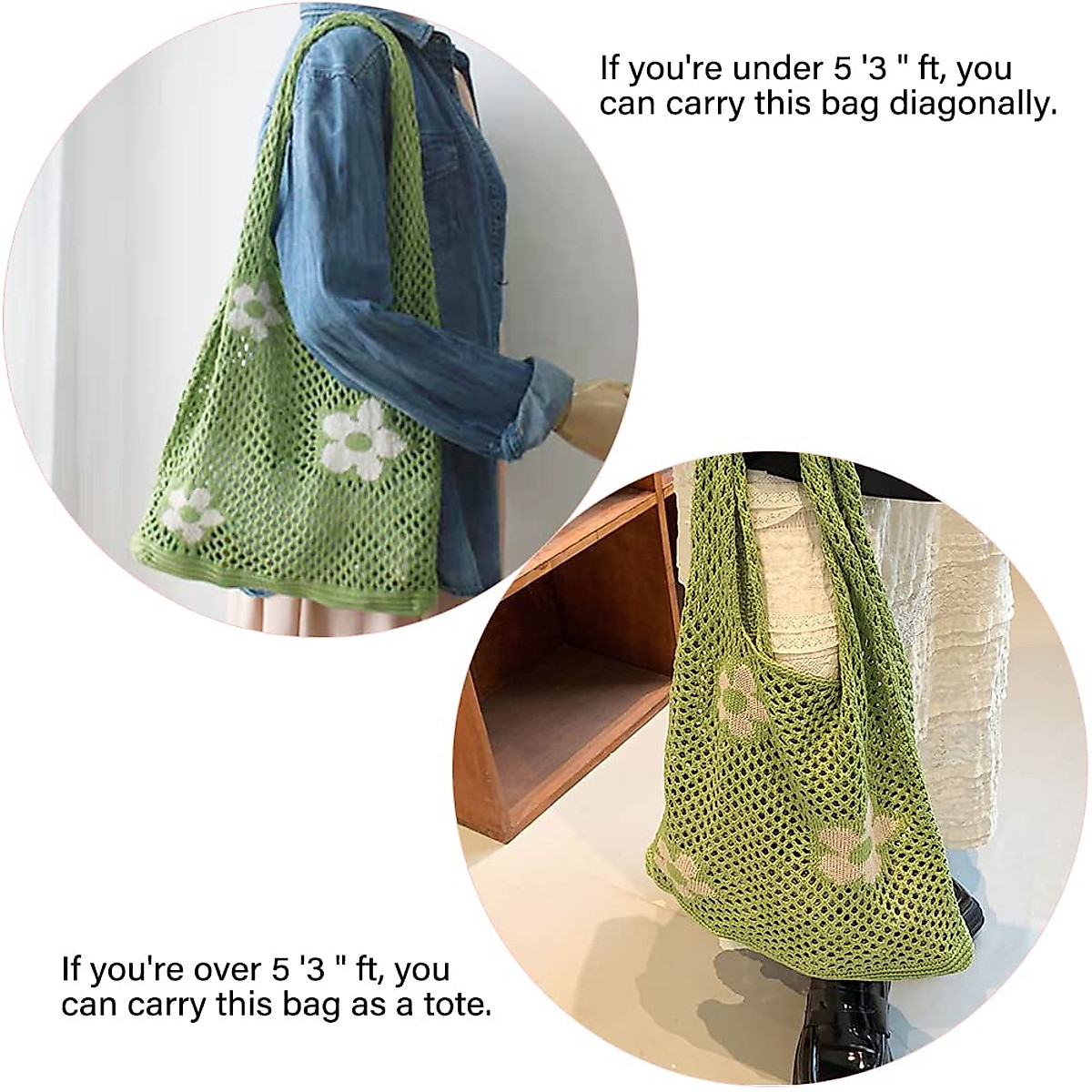 AIYUENCICI Crochet Tote, Fairy Hobo for Women - Y2k Purse, Knitted Shoulder Bag for Girls - Mesh Beach Bag (Green)