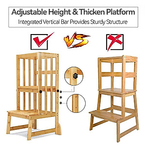 DORPU Toddler Tower, Adjustable Height Toddler Step Stool with CPC Certification, Safety Rail & Anti-tip Feet & Non-Slip Tapes Vertical Guardrail Toddler Stool for Kitchen, Natural Bamboo
