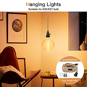 Zevnico 16.5FT Pendant Light Kit, Hanging Lights with Plug in Cord & Switch, Hemp Rope Swag E26 Socket Pendant Lamp, Extension Lantern Cable Vintage Farmhouse Industrial Retro DIY Decoration Fixtures