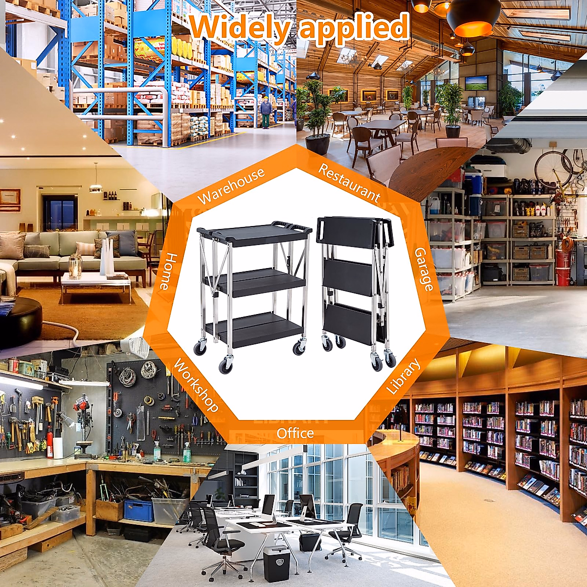 Foldable Utility Service Cart w/ 360°Swivel Wheels Lockable, 330Lbs Load Capacity, XL 3-Tier Tool Carts for Restaurant Garage Office Outdoor Storage and Transport, Stainless Steel Frame