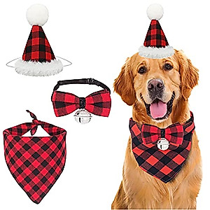 3 Sets Christmas Dog Bandana Hat Bow tie Set Pet Scarf Triangle Bibs Dog Christmas Costume Decoration Accessories for Small Medium Large Dogs Cats Pets, Black & Red Plaid Color