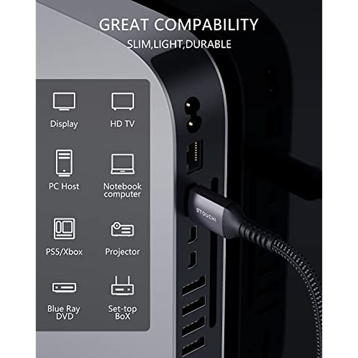 Stouchi 8K HDMI 2.1 Cable 6ft 48Gbps, (Certified) Ultra High Speed HDMI Cables, 8K60Hz 4K120Hz 144Hz eARC HDCP 2.2&2.3 SBTM HDR10+ Dolby Compatible with PS5/PlayStation 5/Xbox Series X/Apple TV 4K