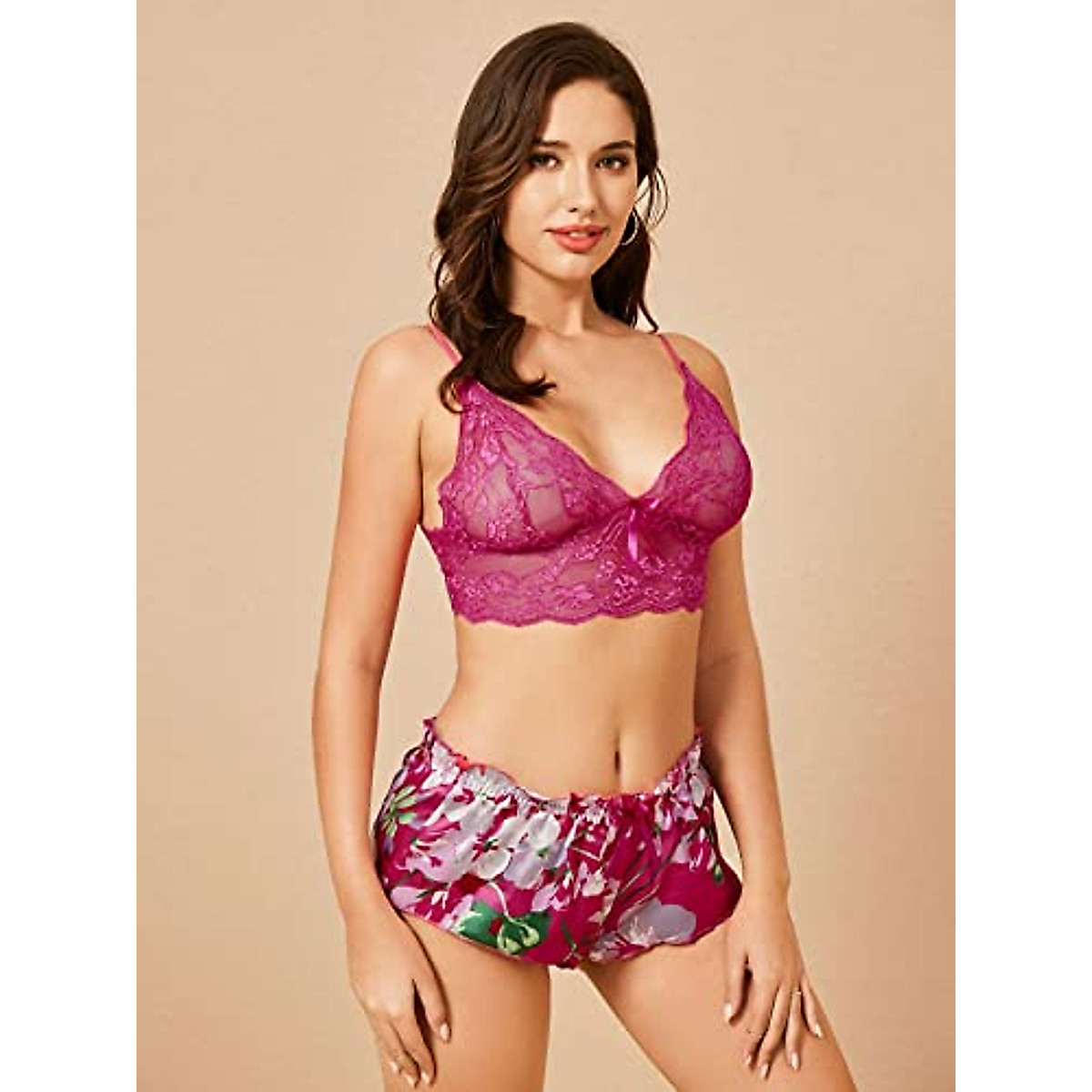 WDIRARA Women's Pajamas Set Lace Satin Sexy Lingerie with Cami Floral Shorts Sleepwear Floral Hot Pink S