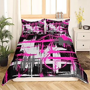 Feelyou Hot Pink Black Grey Bedding Set Queen Size Kids Abstract Art Comforter Cover Set for Boys Teens Modern Striped Art Duvet Cover Breathable Geometric Bedspread Cover Room Decor Quilt Cover