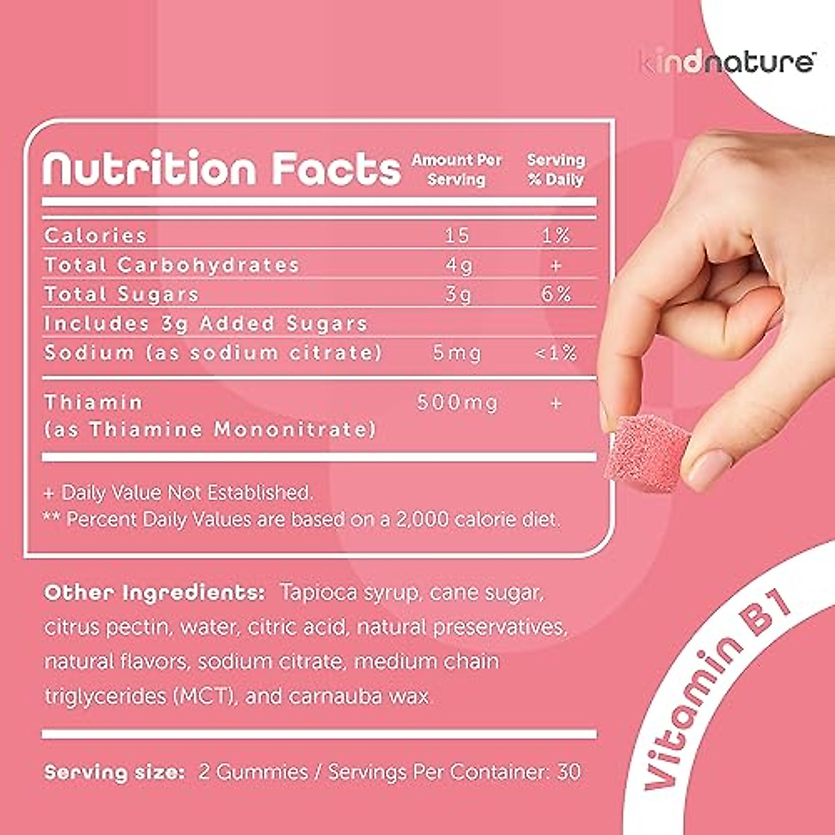 Kind Nature Vitamin B1 Gummies - Chewable Thiamine 500mg per Serving - Formulated for B1 Vitamin Deficiency - Non GMO, Vegan, Natural Strawberry Flavor Thiamine B1 Supplement for Adults & Kids
