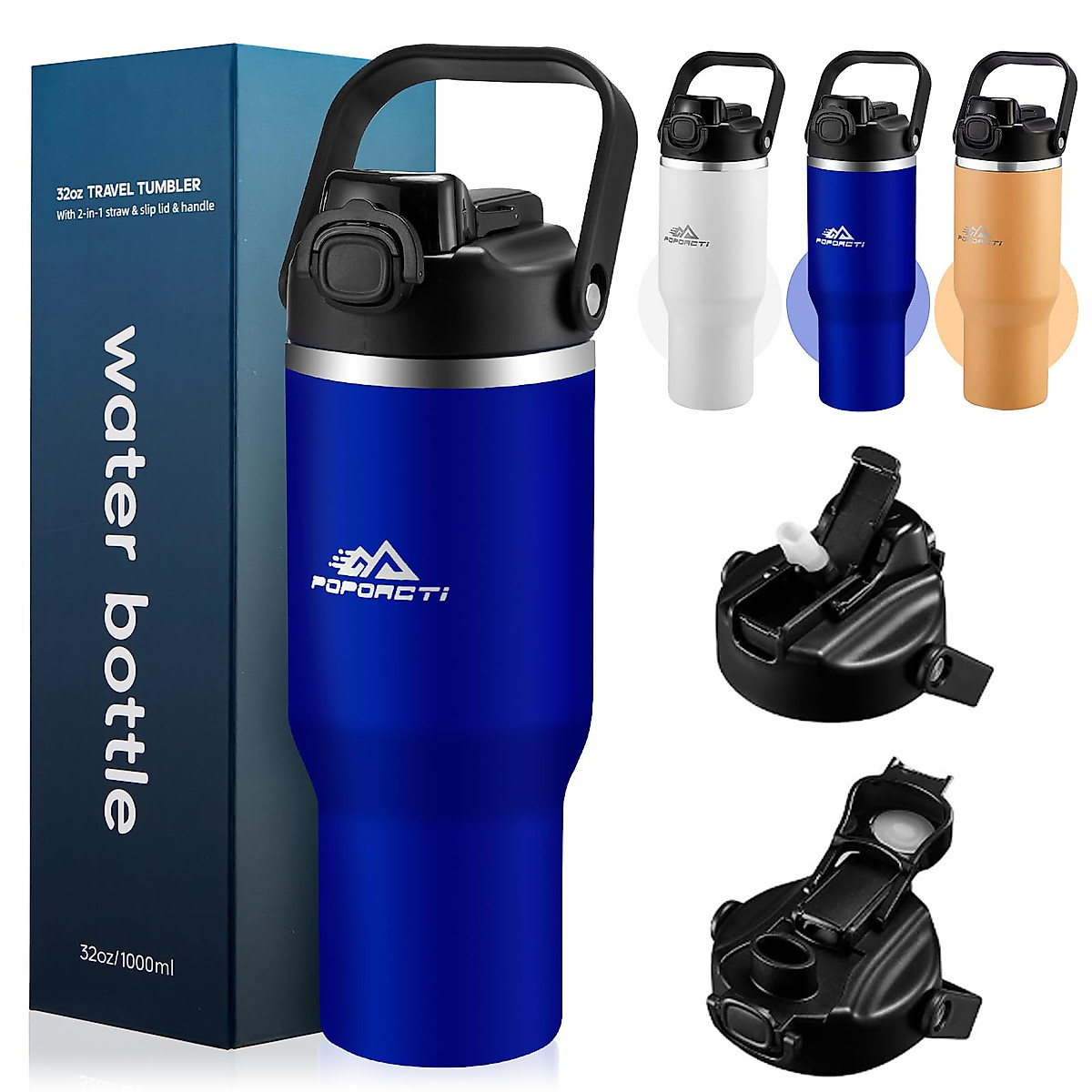 POPOACTI Insulated Tumbler,34 oz Stainless Steel Water Bottle, BPA-Free, Double-Walled Vacuum, Flip Straw for Travel, Keeps Drinks Hot & Cold for 12 Hours,For Travel, Gym & Office (Blue)