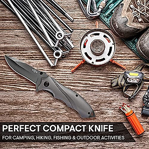 Bundle of 2 Items- Black Pocket Knife - Serrated Sharp 3,5" Blade Folding Knives - Knife with Glass Breaker and Pocket Clip - Camping Hunting Hiking Fishing EDC Survival Boy Scout Knife Gifts for Men
