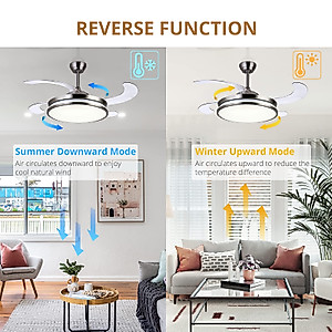 STERREN Retractable Ceiling Fans with Lights,42 Inch Modern Low Profile Bladeless LED Ceiling Fan Lights with Remote Control Smart Brushed Nickel Ceiling Fan for Bedroom Living Room