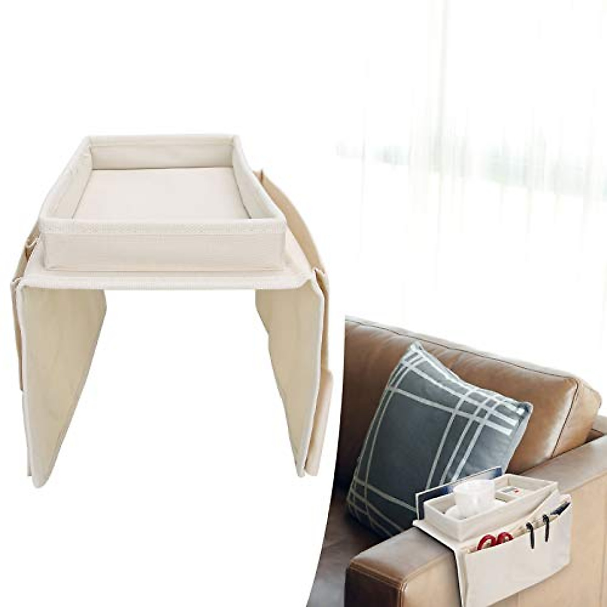 Yuecoom Sofa Storage Bag, 4 Pockets TV Remote Control Organizer Sofa Armrest Armchair Couch Bag with Cup Holder Tray(Beige)