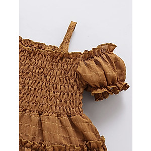 Verdusa Toddler Girl's Cold Shoulder Puff Sleeve Shirred Swing A Line Dress Brown 110