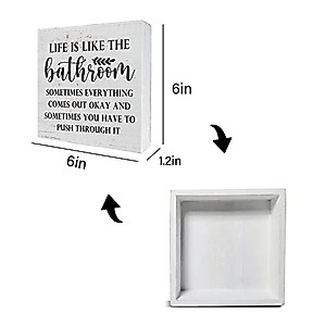 Ywkuiev Life is Like the Bathroom White Wooden Box Plaque, Hope Everything Comes Out Okay Rustic Sign for Family Home Bathroom Office Desk Decor (6 X 6 Inch)