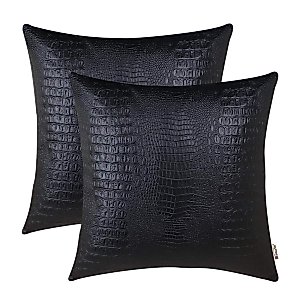 BRAWARM Faux Leather Pillow Covers 22 X 22 Inches, Black Leather Pillow Covers Pack of 2, Crocodile Leather Decorative Throw Pillows for Living Room Couch Bed Sofa Home