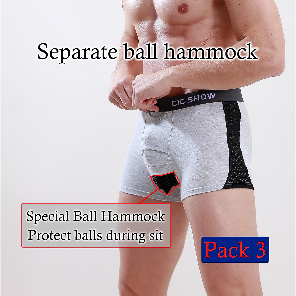 CIC SHOW Boxer Briefs For Long Time Sit, Pack 3, Mens Underwear With Ball Hammock, Mens Underwear With Pouch For Balls. XXL