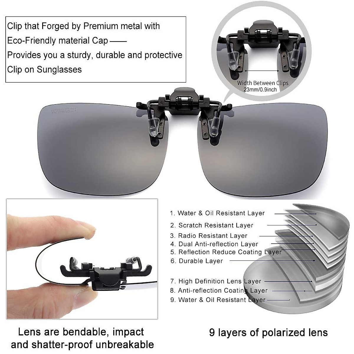 CAXMAN Polarized Clip On Sunglasses Over Prescription Glasses for Men Women UV Protection Flip Up Grey Lens Extra Large