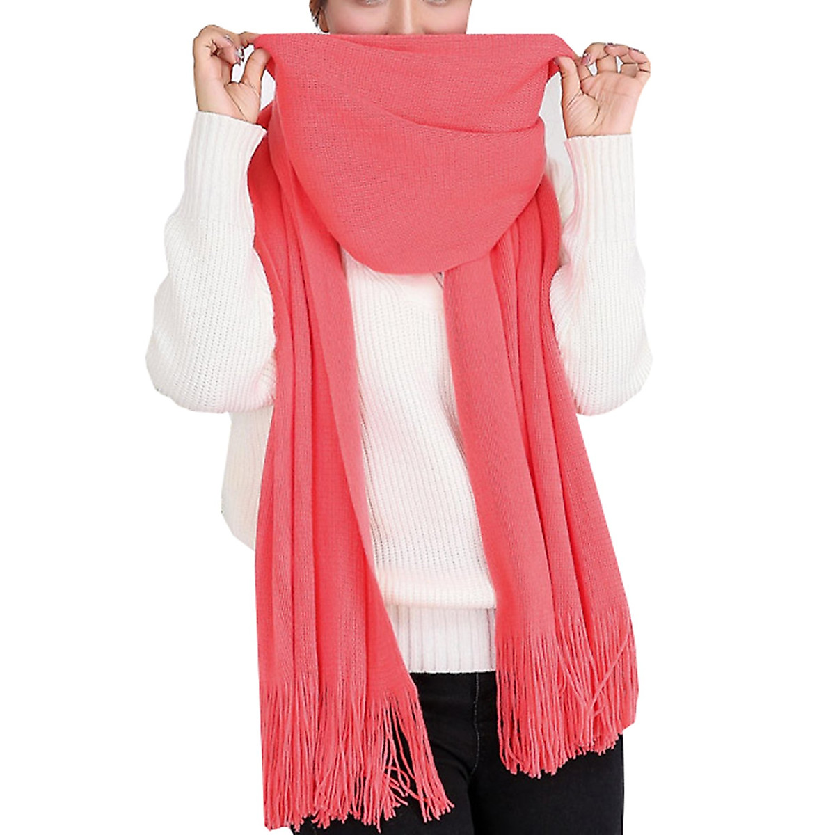 Wander Agio Women's Wraps Warm Long Scarves Winter Scarfs Pure Color Scarf Tassel Melon Red