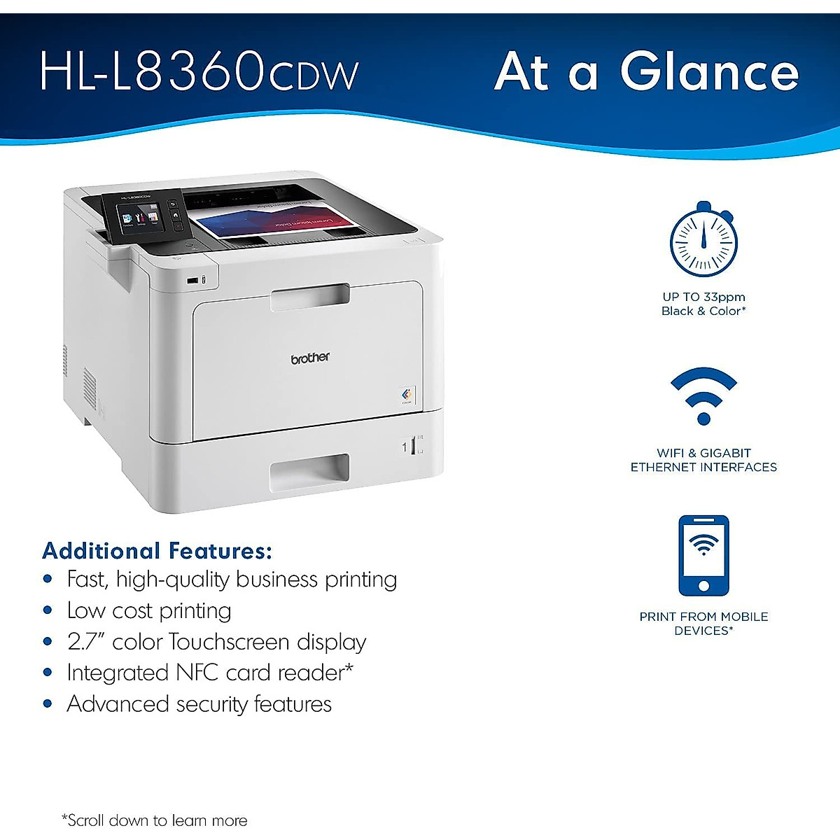 Brother HL-L8360CDW Wireless Single-Function Color Laser Printer - Print Only - USB, Ethernet, WiFi, NFC Connectivity, 2.7" Touchscreen LCD, 31 ppm, 600 x 2400 dpi, 1GB Memory, Auto Duplex Printing