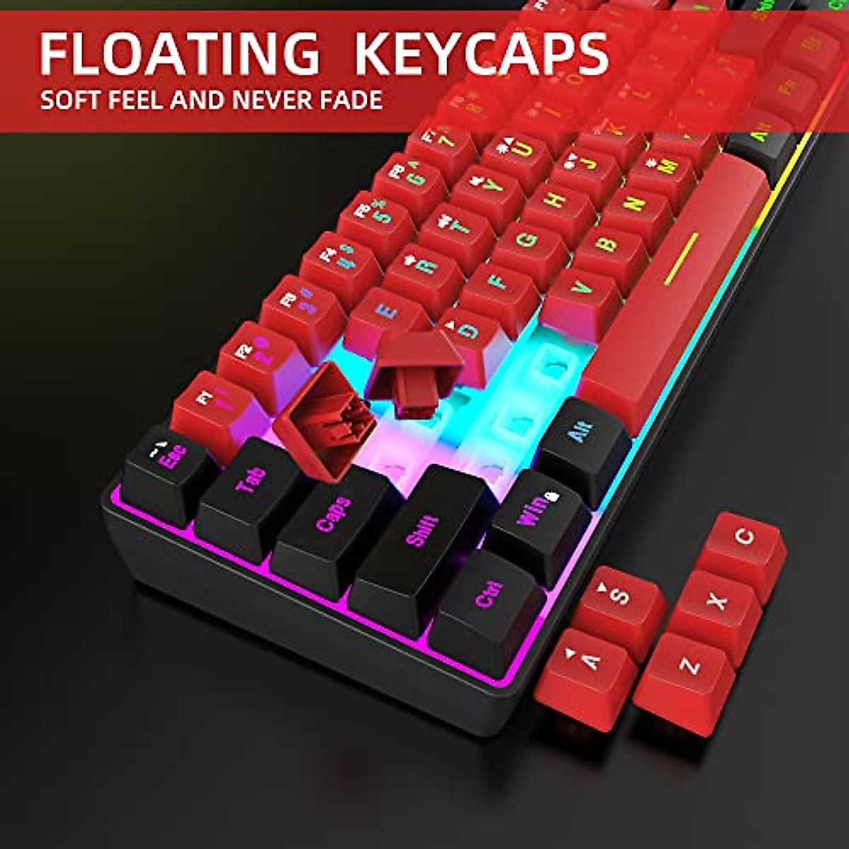 Snpurdiri 60% Wired Gaming Keyboard,True RGB Mini Keyboard, Waterproof Small Compact 61 Keys Keyboard for PC/Mac Gamer, Typist, Travel, Easy to Carry on Business Trip(Black-Red)