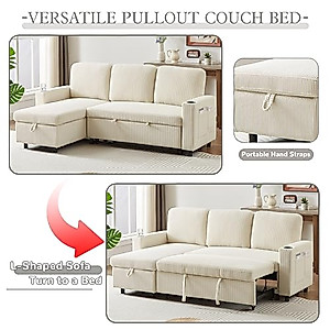 FANYE L-Shaped 3-Seaters Reversible Sleeper Sectional Convertible Sofabed Comfortable Corduroy Upholstered Corner Sofa with Pull Out Sleep Couch Bed and Cupholders for Compact Space Living Room