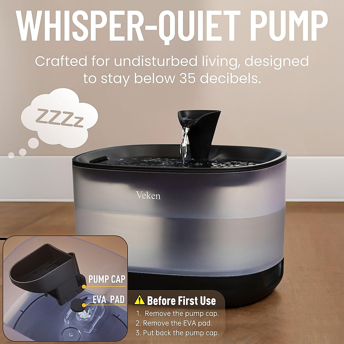 Veken Cat Water Fountain, 84oz/2.5L Automatic Pet Water Fountain Dog Water Dispenser with a Detachable Water Tank, Easy Cleaning for Cats, Dogs (Black)